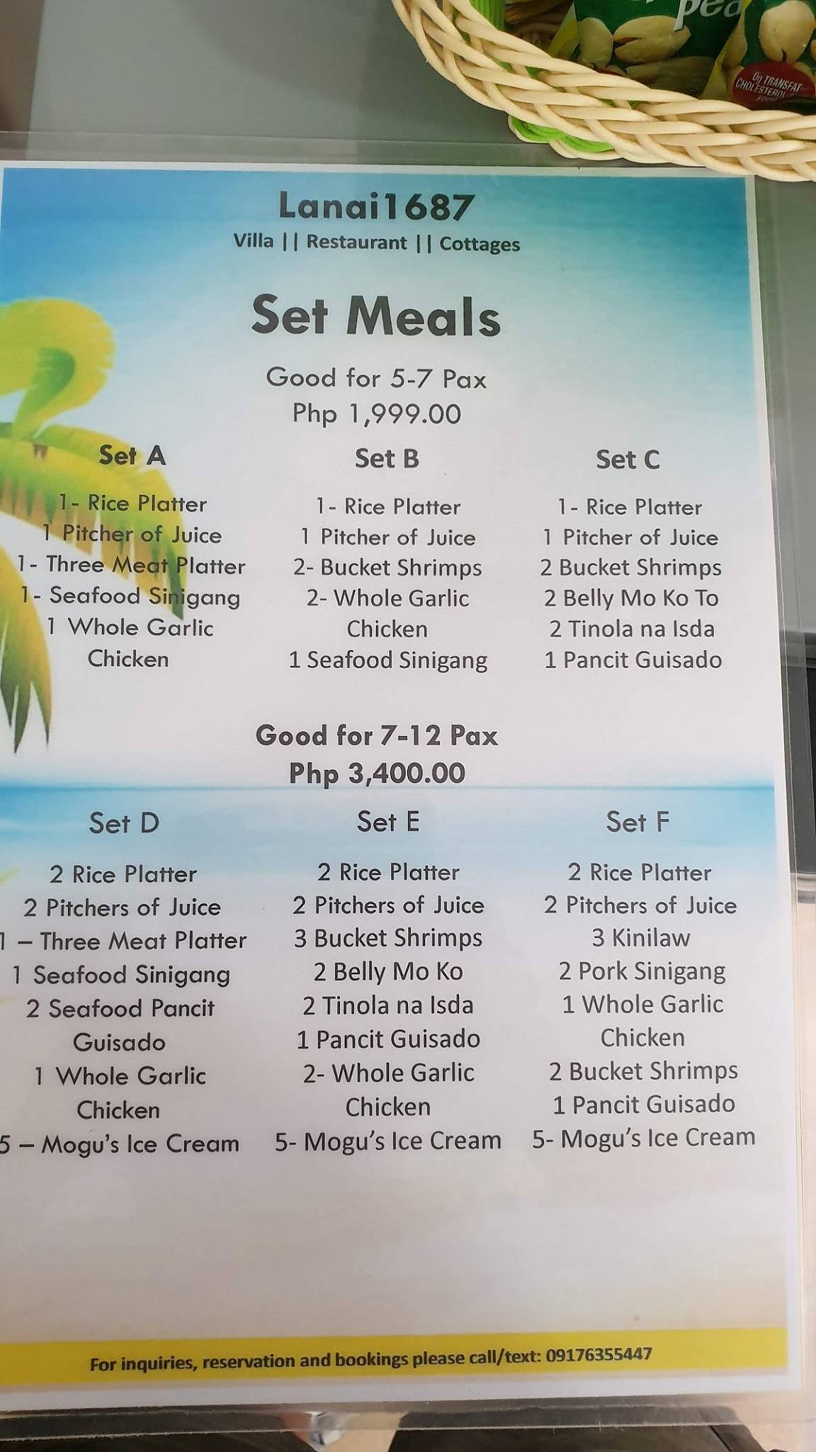 Menu at Lanai1687 steakhouse, Glan, V6VM+GV2