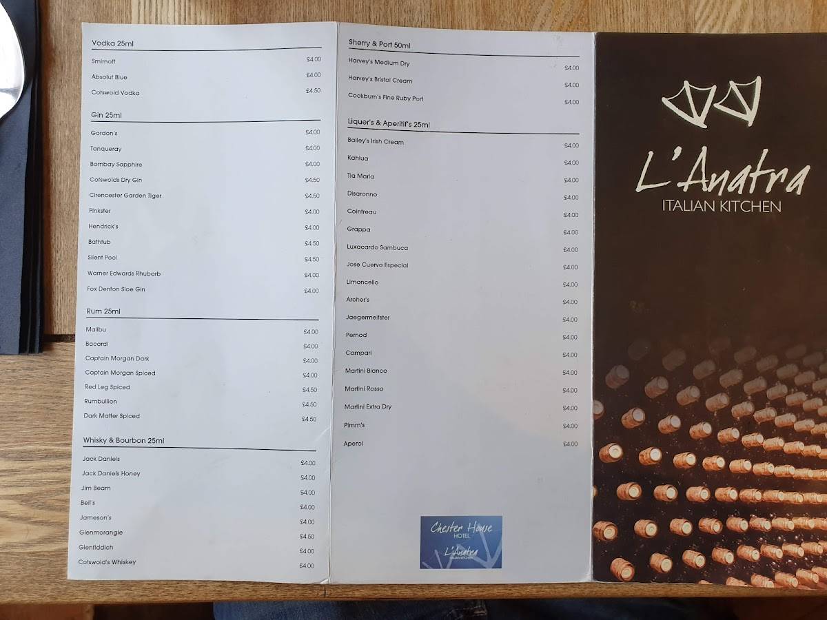 Menu at L'anatra restaurant, Bourton-on-the-Water