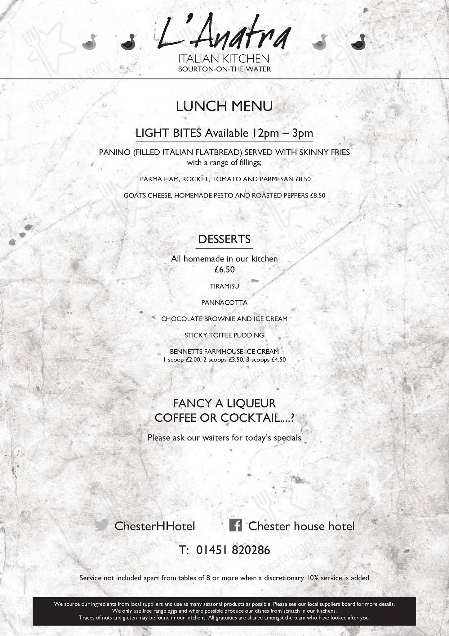 Menu at L'anatra restaurant, Bourton-on-the-Water