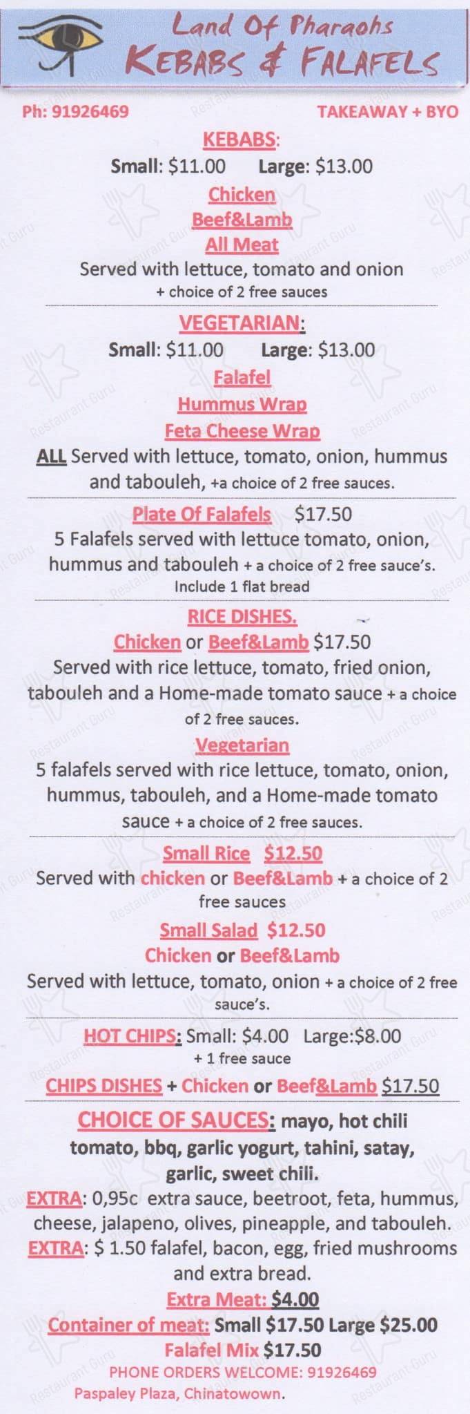 Menu at Land of Pharaohs restaurant, Broome, 8 Short St