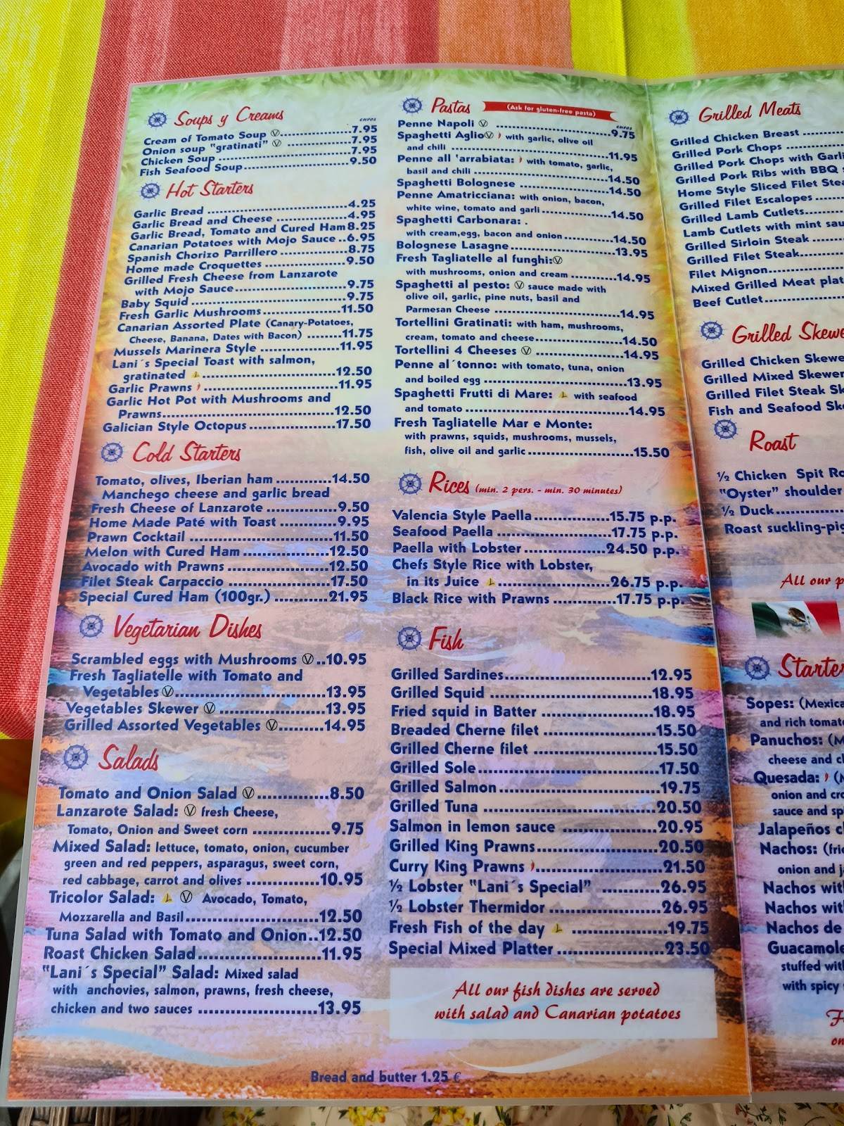 Menu at Lani's Snack Bar, Playa Blanca
