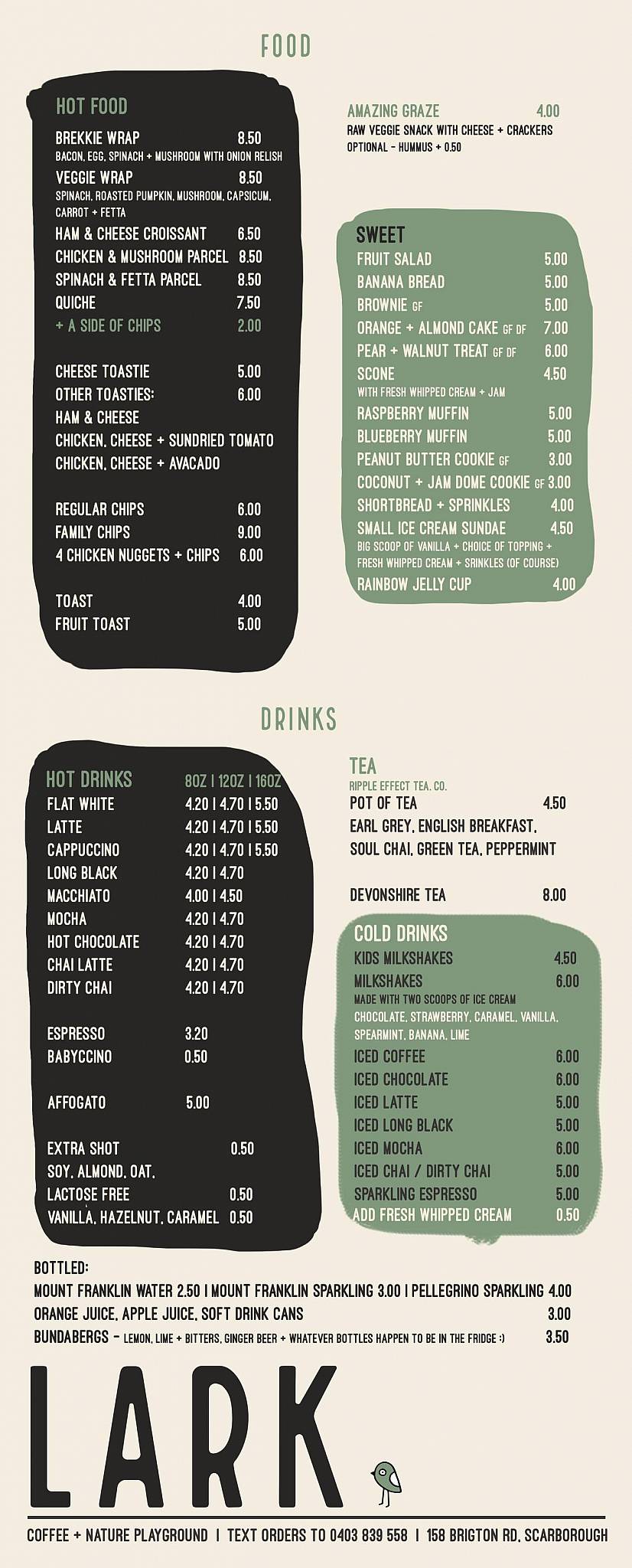 Carta del café Lark, Scarborough
