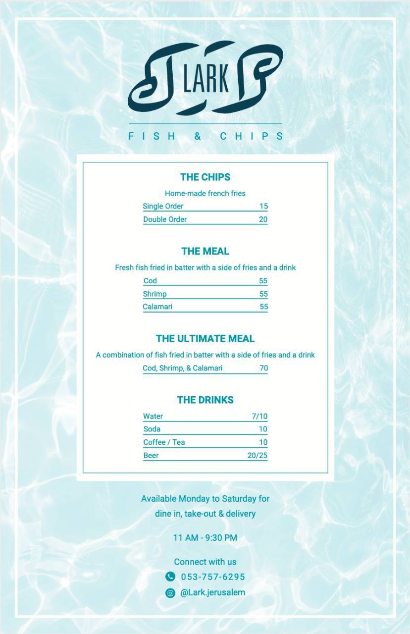 Speisekarte von Lark Fish and Chips restaurant, Jerusalem
