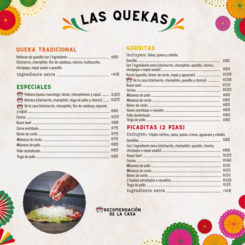 Carta del restaurante Las Quekas Cholula, Cholula, Calle 14 Ote 1439-Loc E