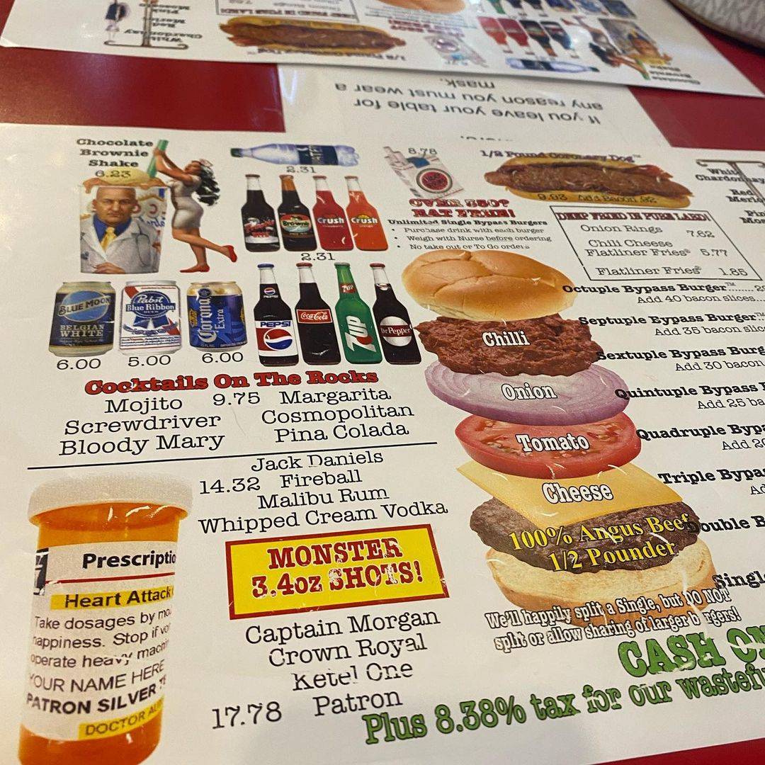 Menu at Heart Attack Grill restaurant, Las Vegas, 450 Fremont St #130