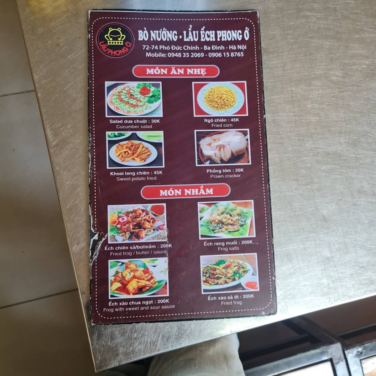 Menu at Lẩu ếch Phong Ớ restaurant, Hanoi, 72 Phó Đức Chính