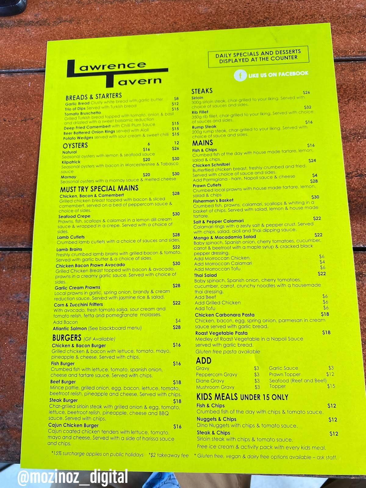 Menu at Lawrence Tavern pub & bar, Lawrence