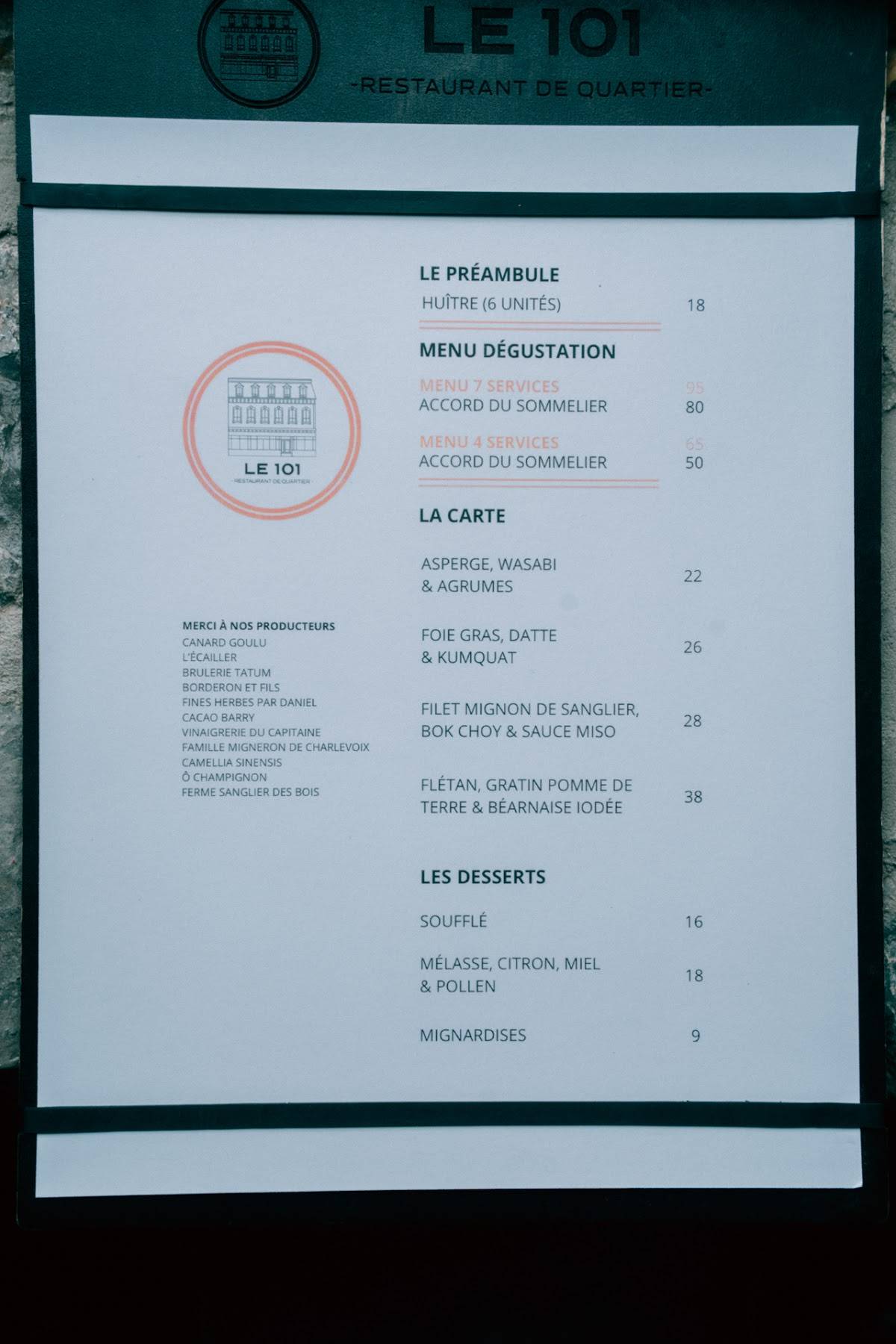 Menu at Le 101 Restaurant, Québec City, 101 Rue Saint-Joseph E