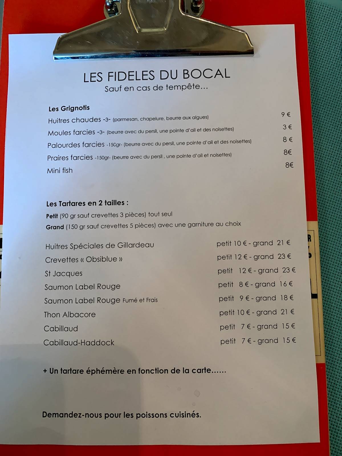 Menu au Le Bocal restaurant, Reims, 27 Rue de Mars