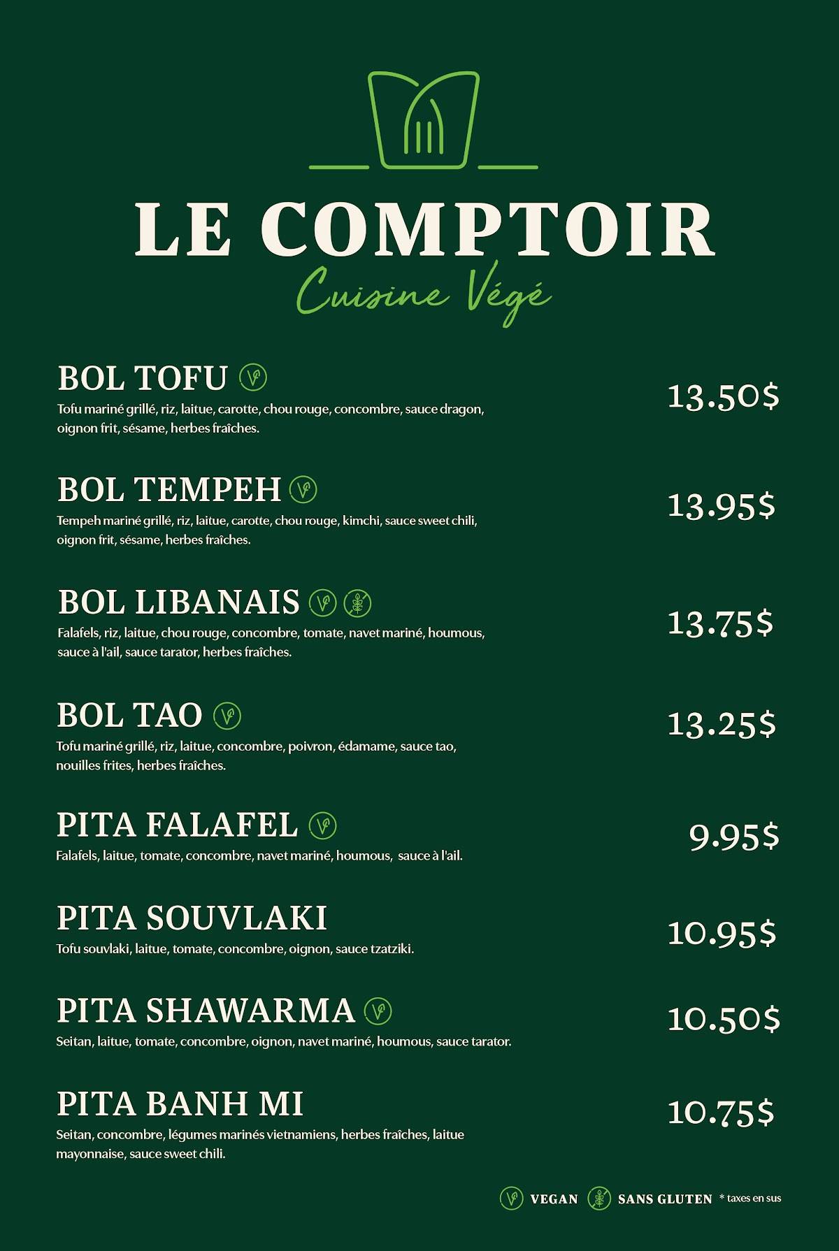 Menu au Le Comptoir restaurant, Carleton-sur-mer