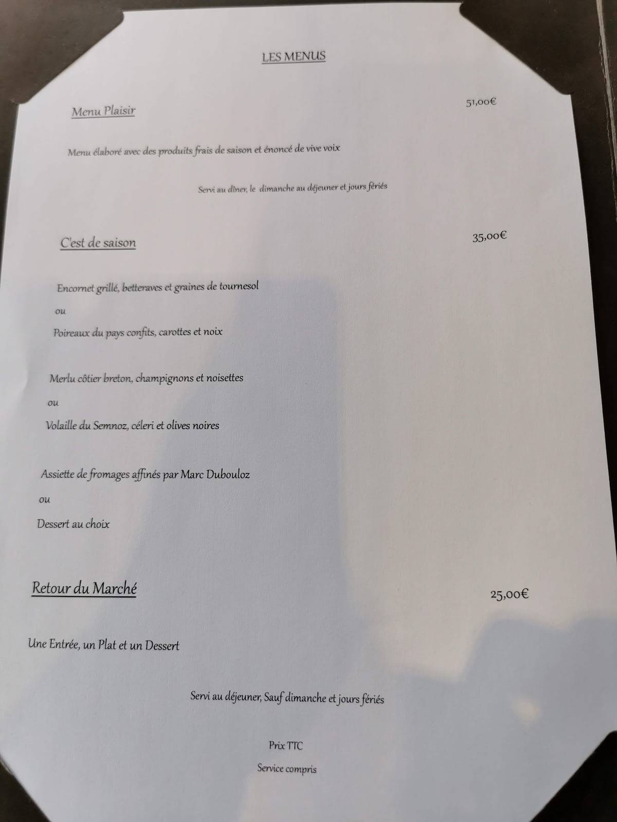 Menu at Le Denti restaurant, Annecy