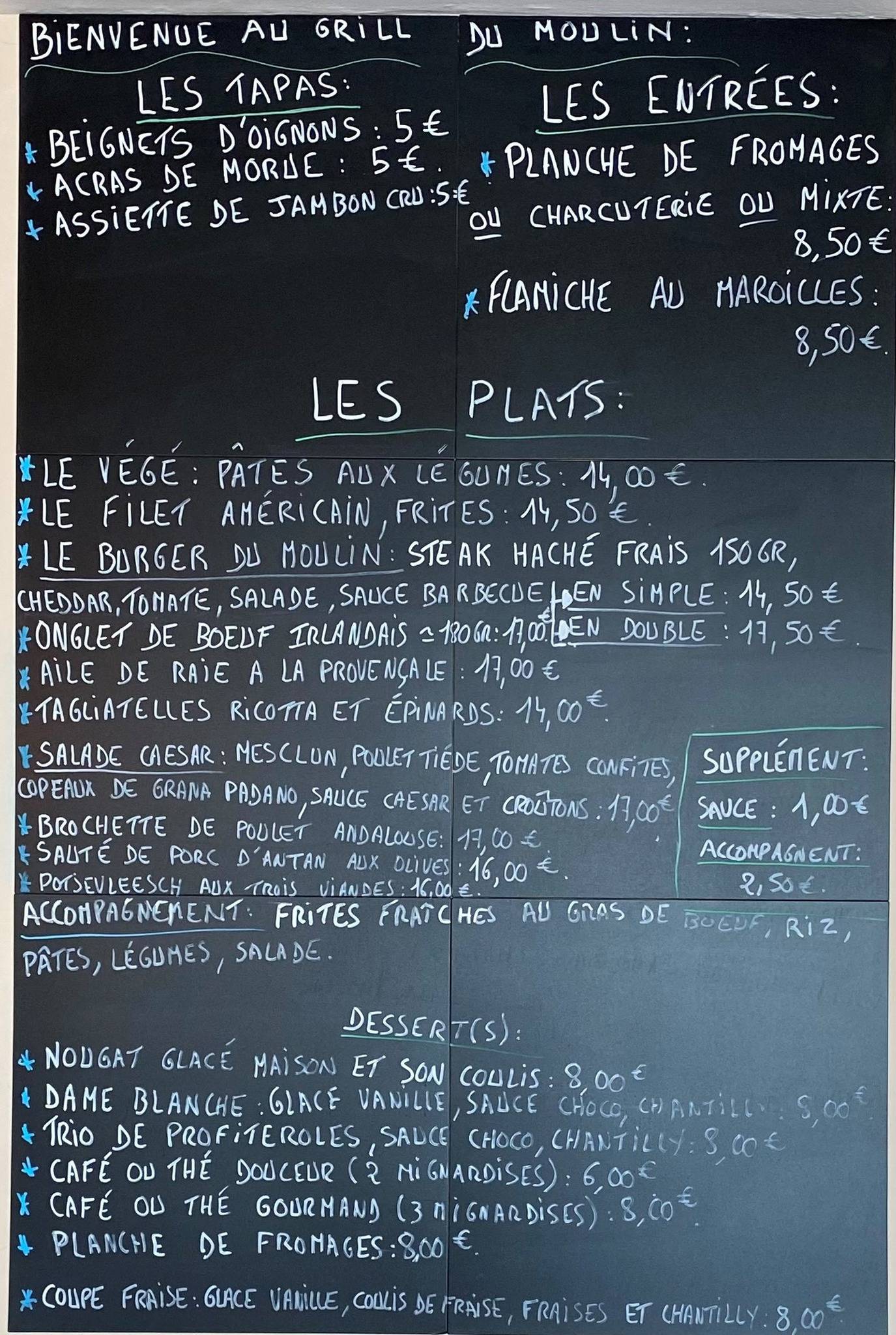 Menu au Le Grill du Moulin restaurant, Hallennes-lez-Haubourdin
