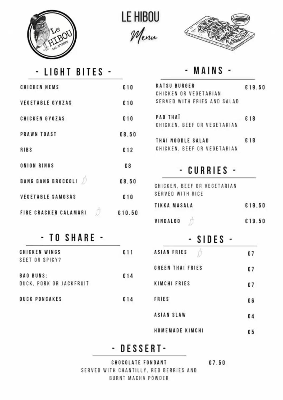 Menu at Le Hibou pub & bar, Val-d'Isère
