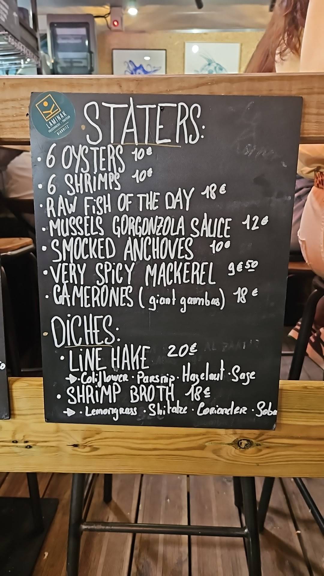 Menu at Le Korner restaurant, Biarritz