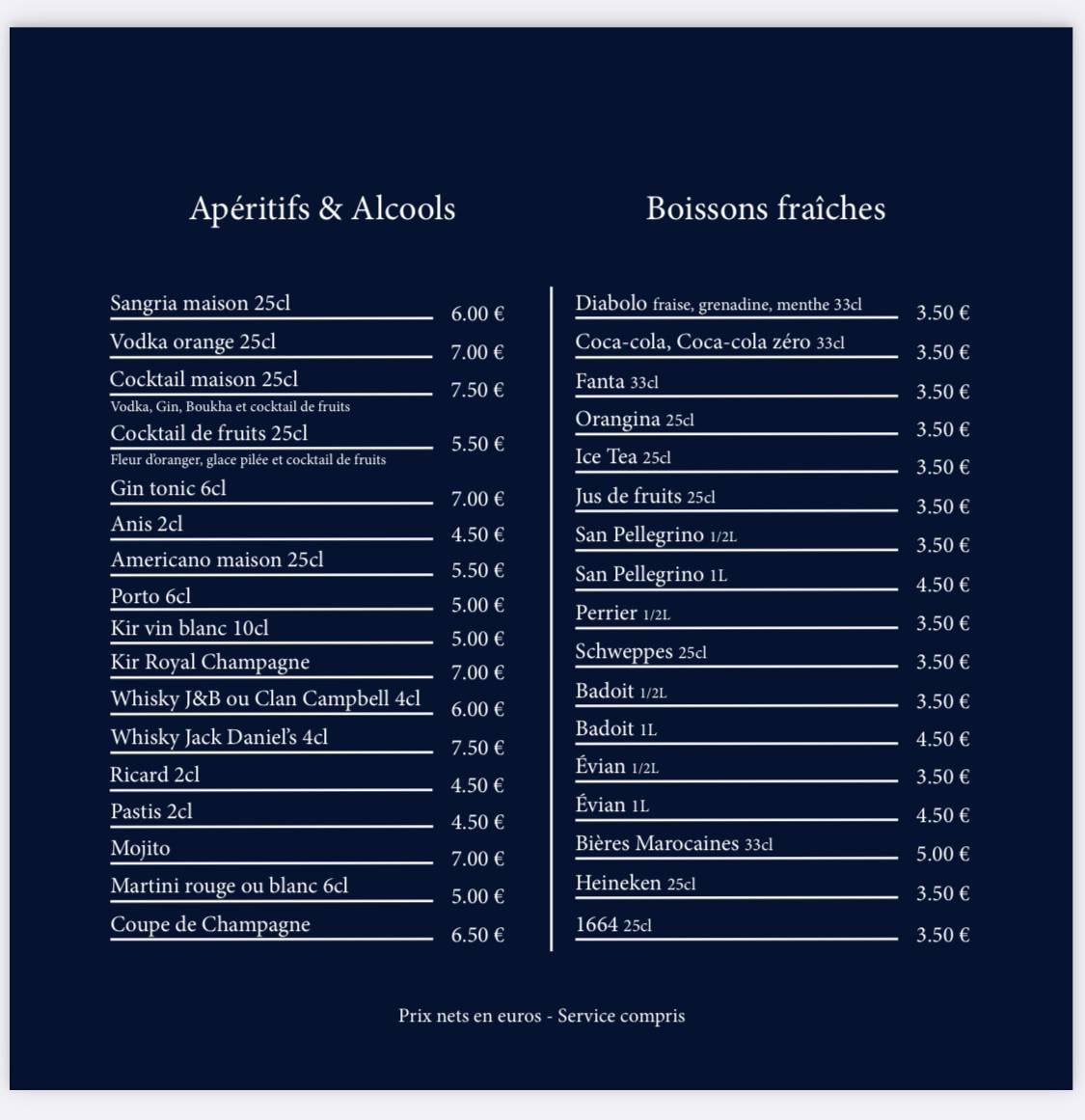 Menu at Le Marrakech restaurant, Alençon