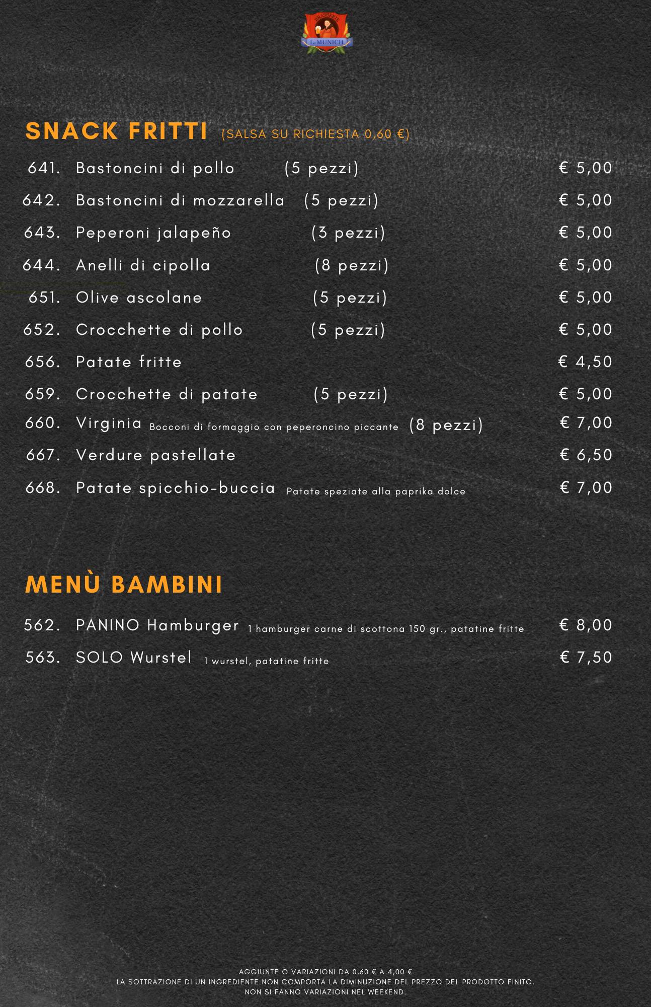 Menu da Le Munich Pub Birreria, Piove di Sacco, Via Borgo Padova