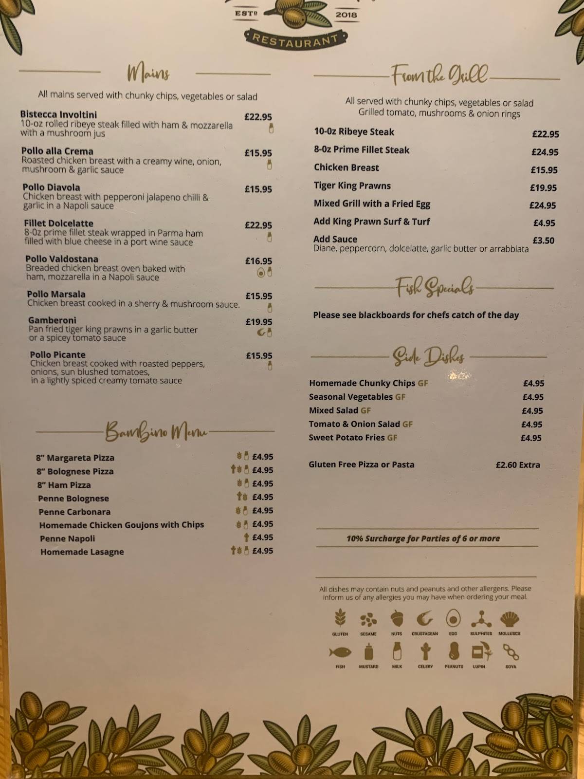 Menu at Le Olive Verdi restaurant, Gateshead