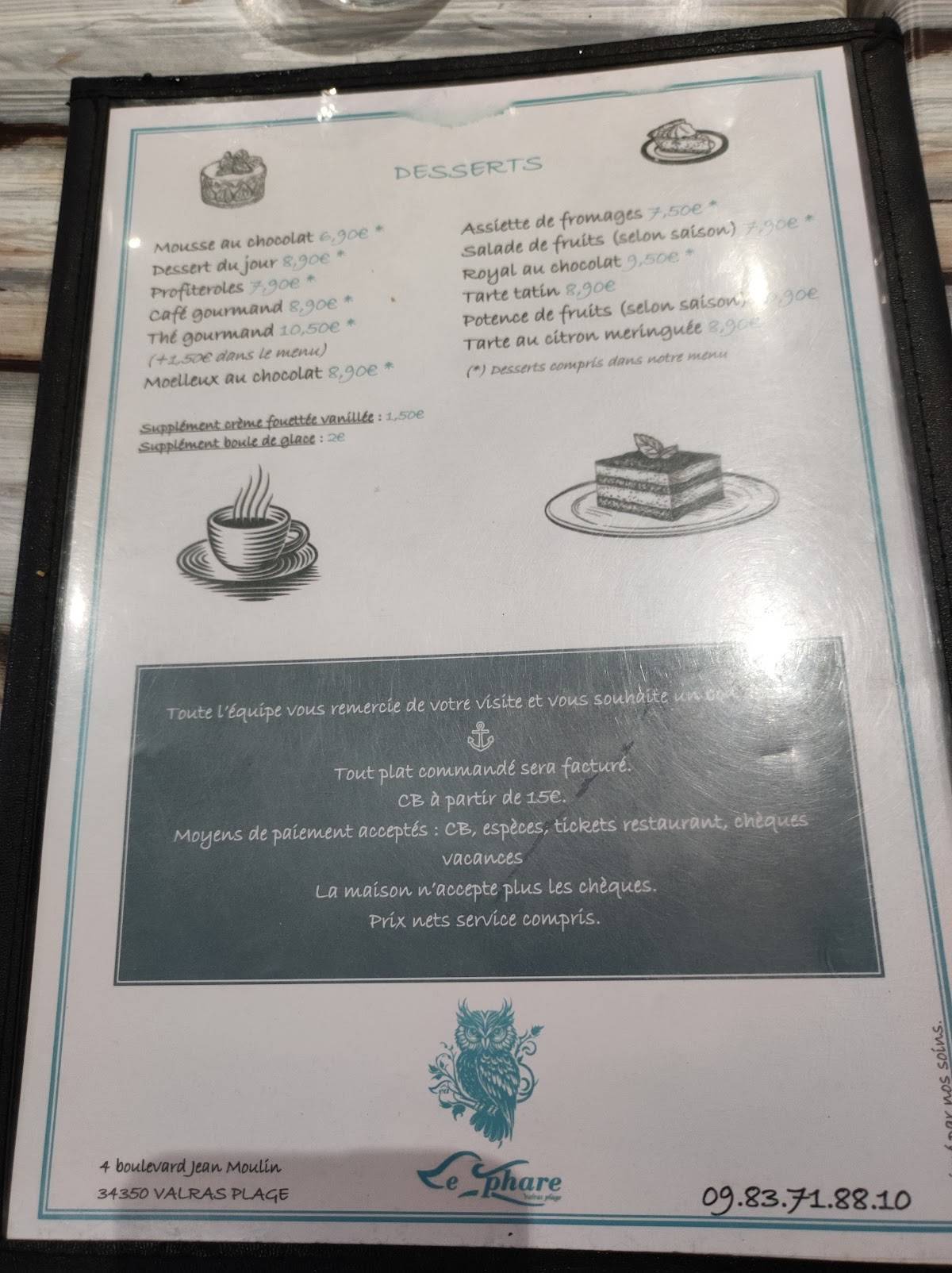 Menu au Le Phare restaurant, Valras-Plage