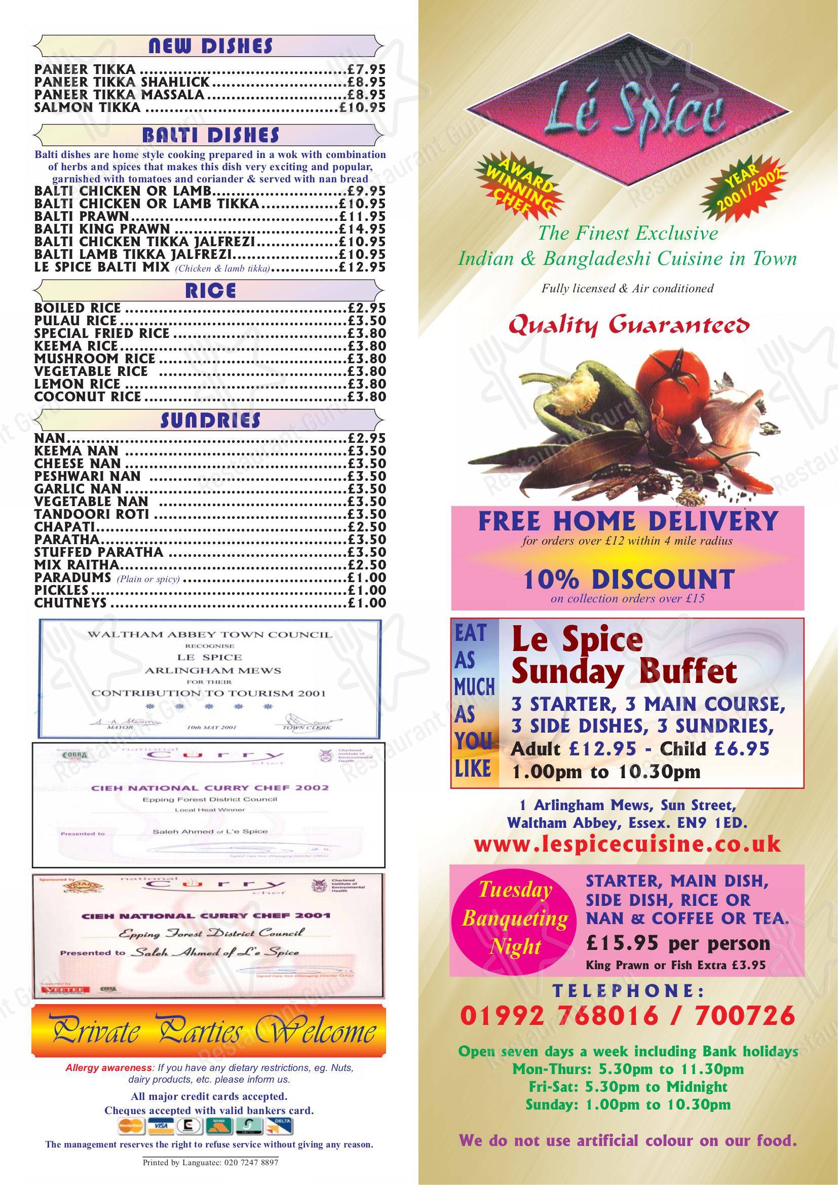 Menu at Le Spice restaurant, Waltham Abbey