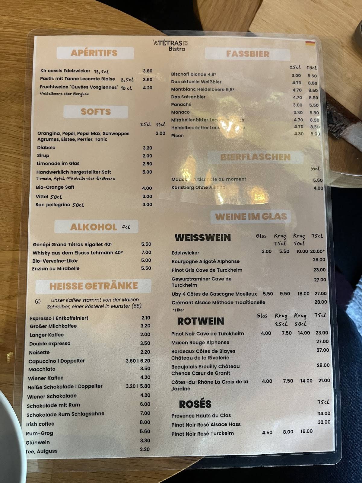 Menu au Tétras bistro restaurant, Le Valtin