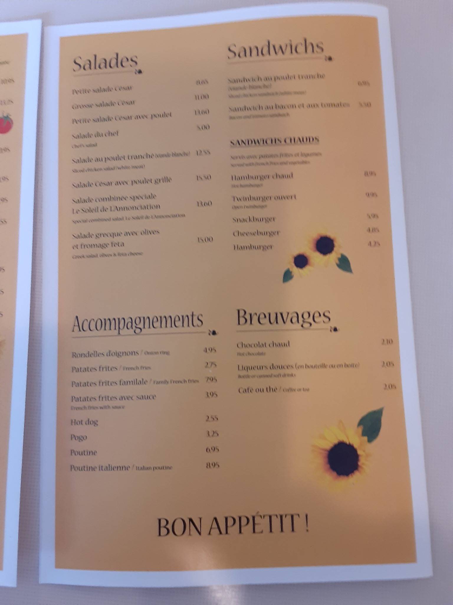 Carta de Le soleil Restaurant, Canada