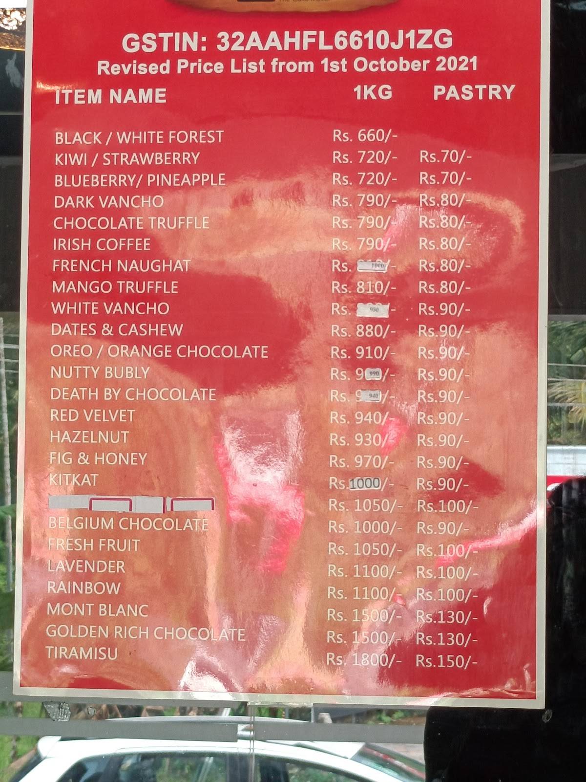Menu at Le torta Cake Shop, Kothamangalam
