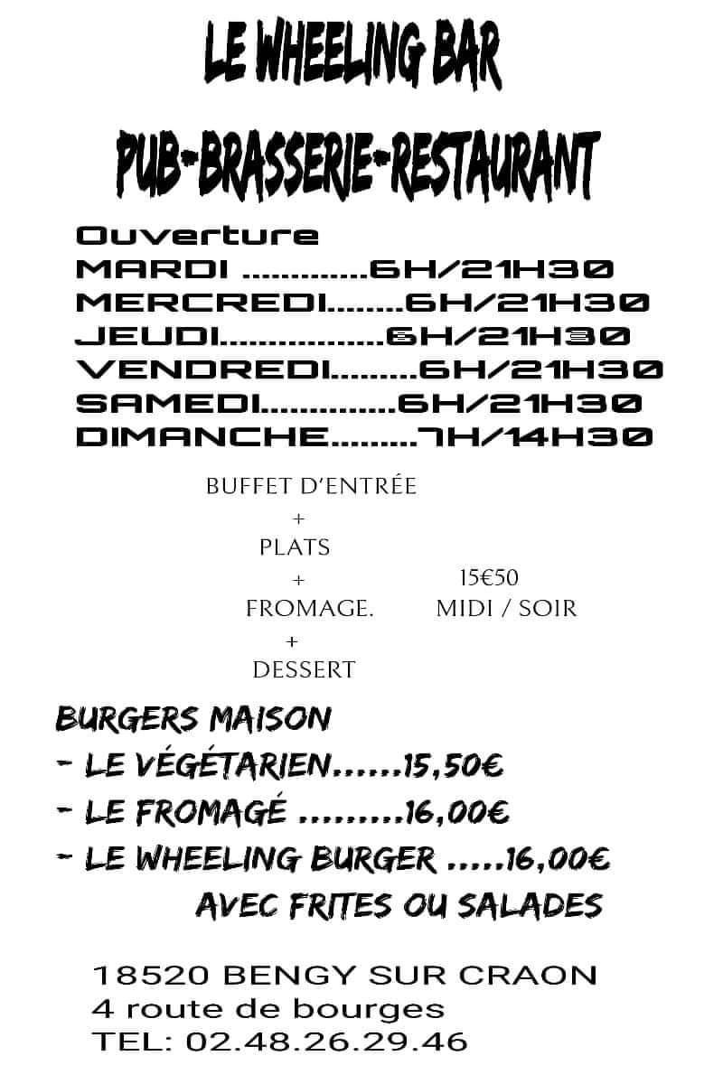 Menu au Le wheeling bar, Bengy-sur-Craon