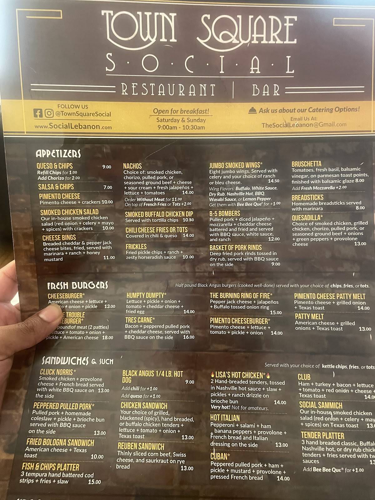 Menu at Town Square Social restaurant, Lebanon, 145 Public Sq