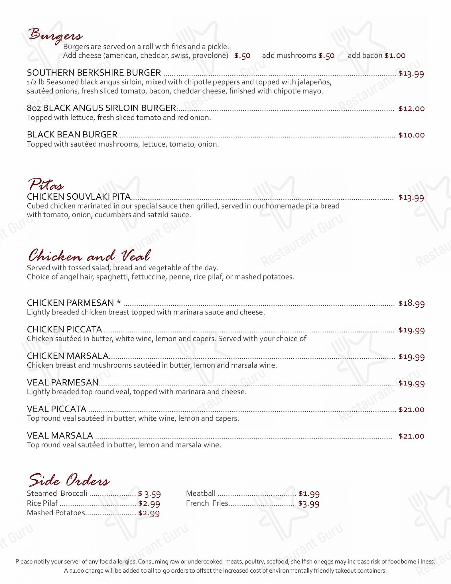 Menu at Timothy's Restaurant & Pizzeria, Lee