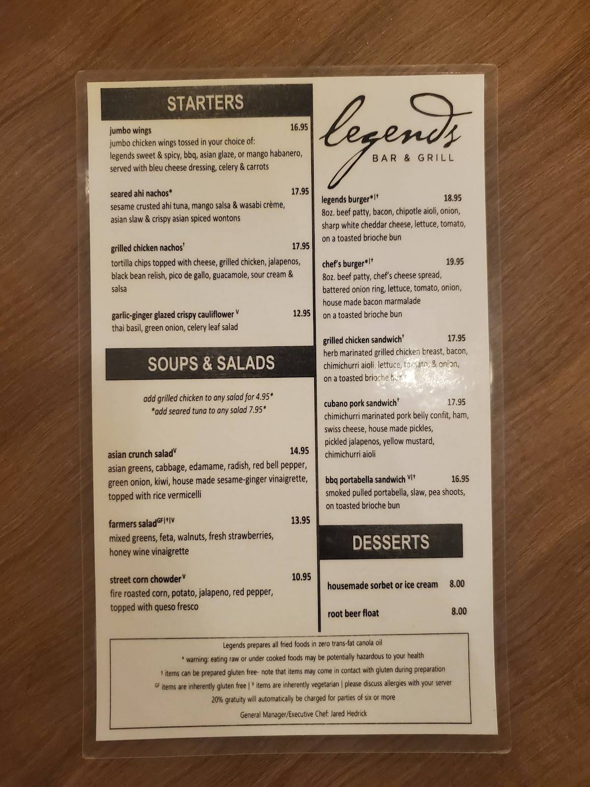 Menu at Legends Bar & Grill, Park City