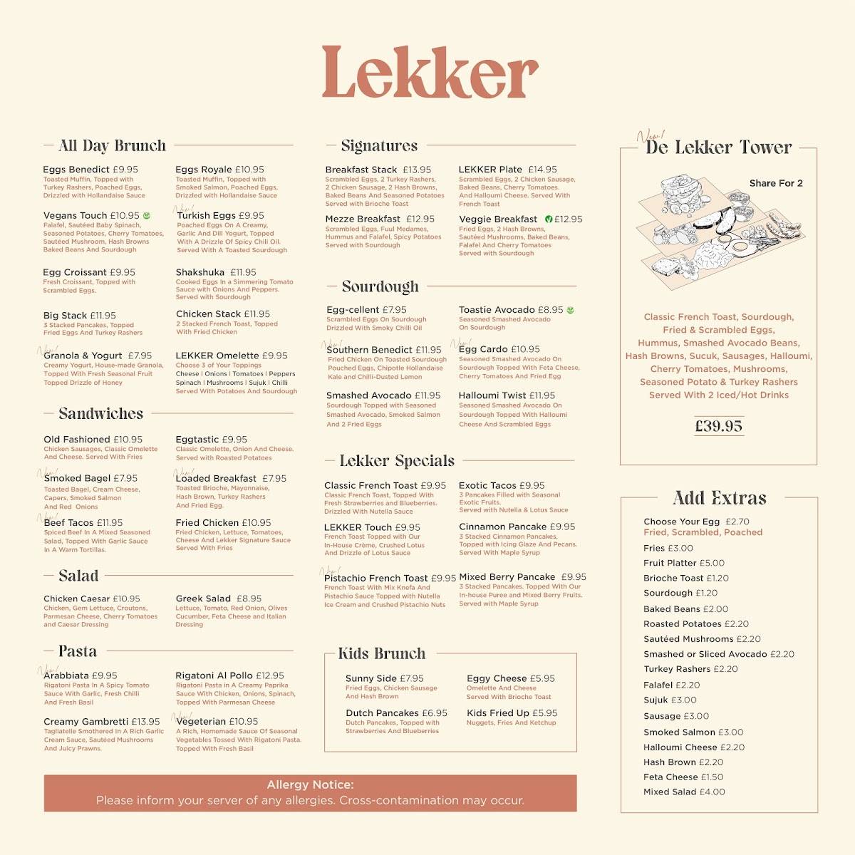 Menu at Lekker Café restaurant, Birmingham
