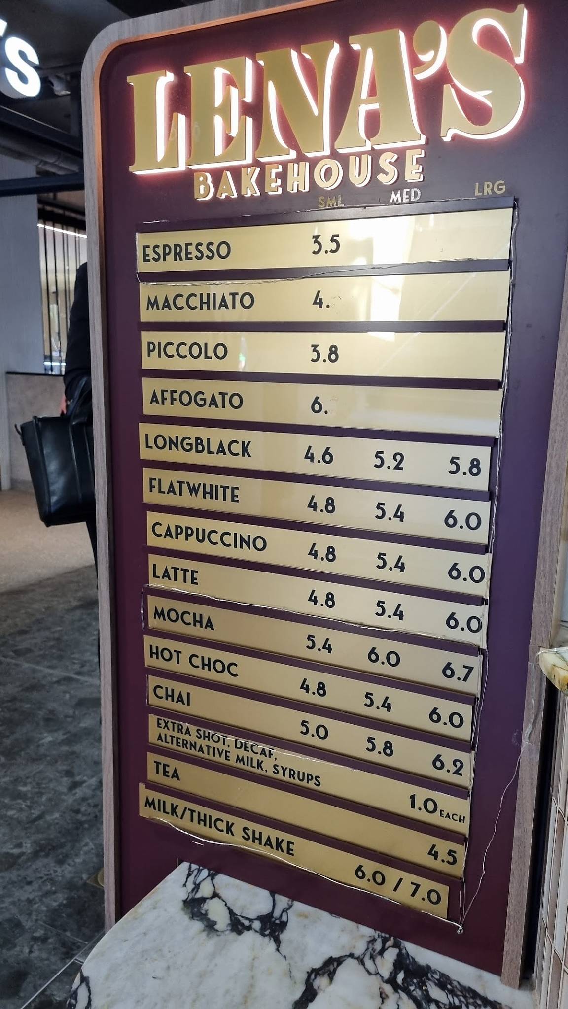 Menu at Lena's Bakehouse cafe, Brisbane City