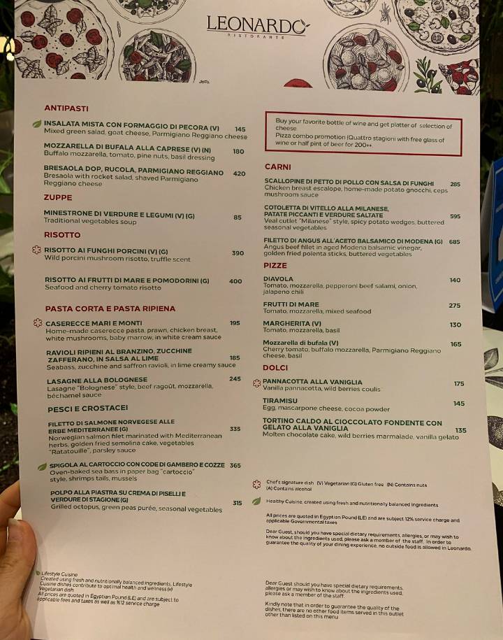 Menu au Leonardo Ristorante restaurant, New Heliopolis City