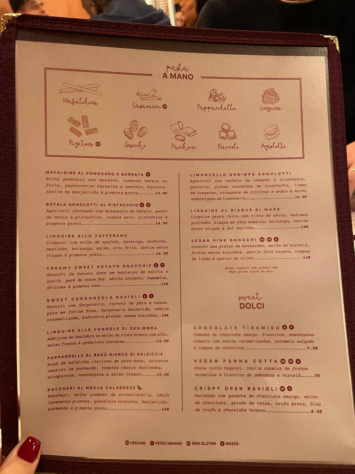 Menu at Leonetta restaurant, Lisbon
