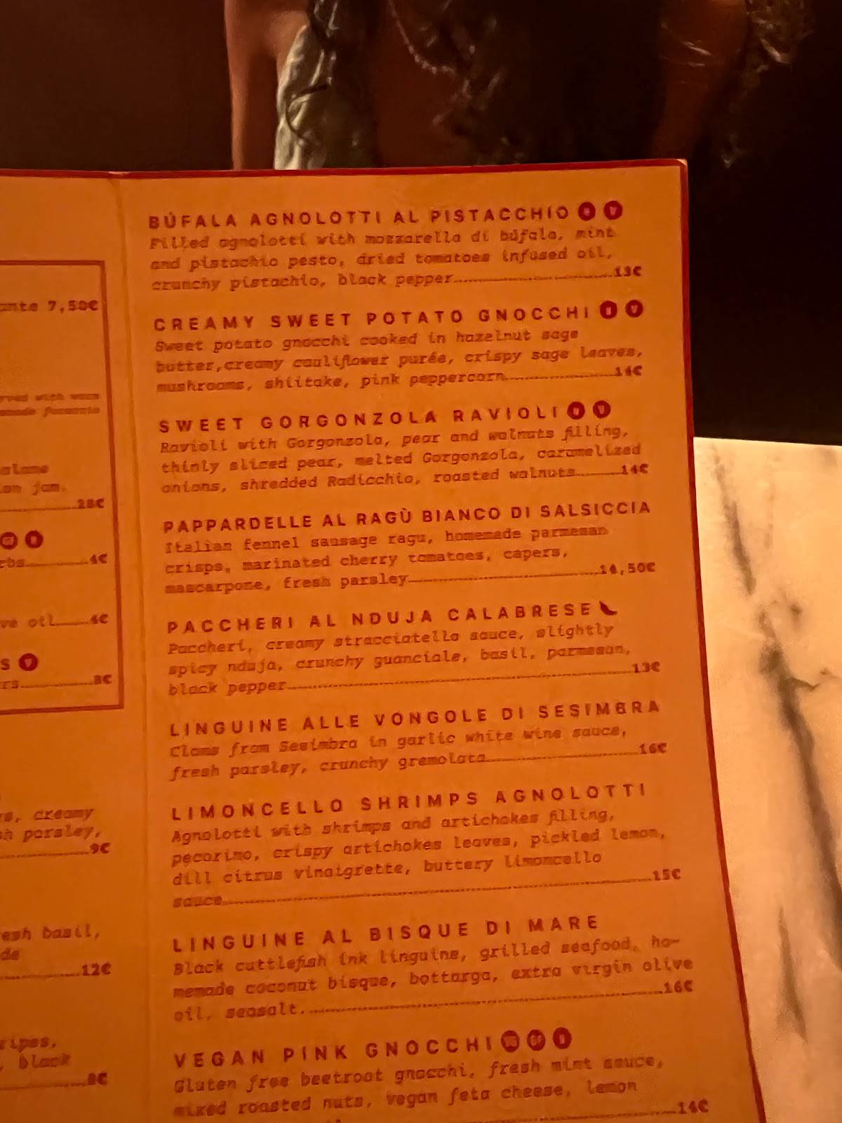 Menu at Leonetta restaurant, Lisbon