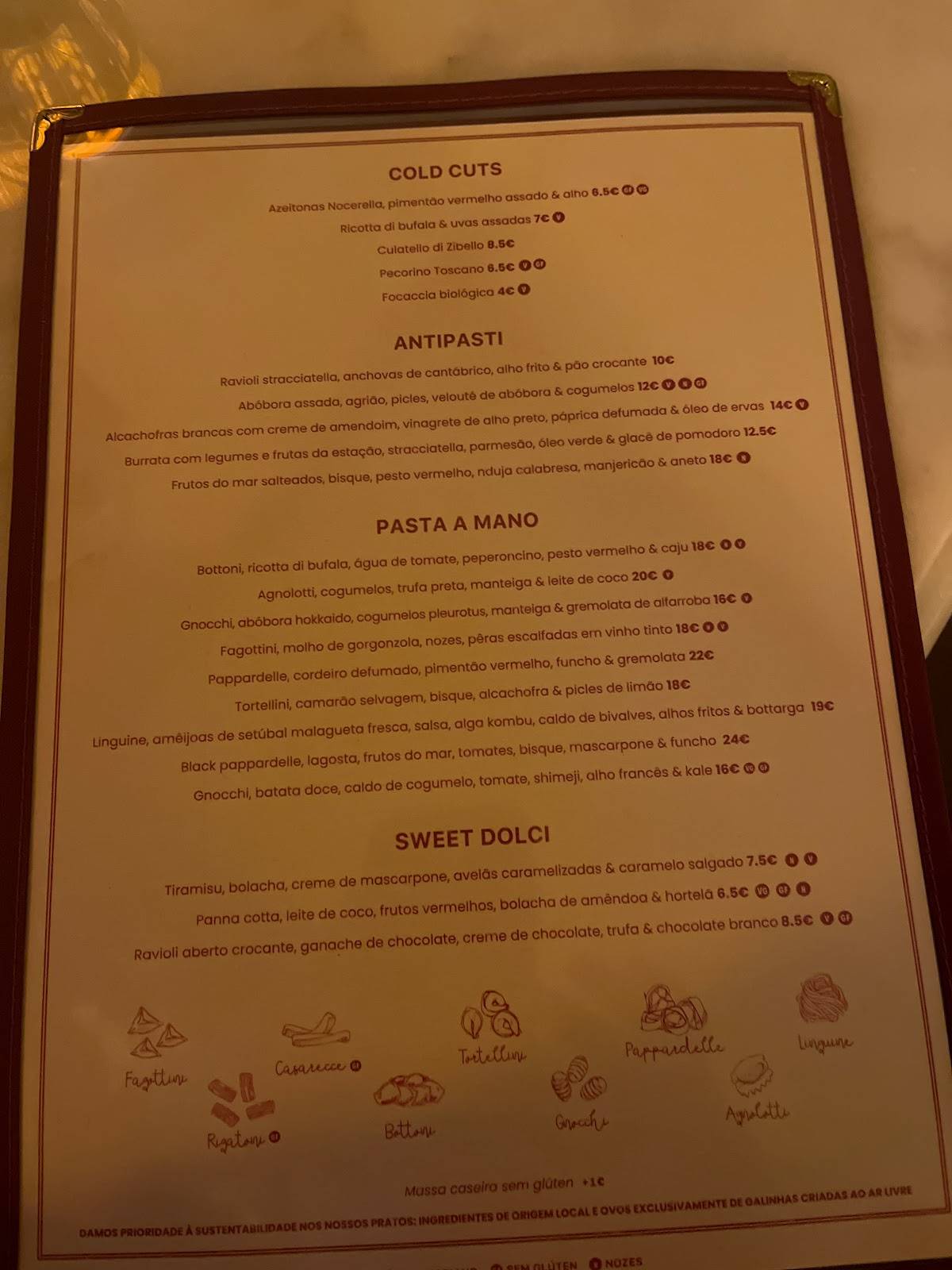 Menu at Leonetta restaurant, Lisbon