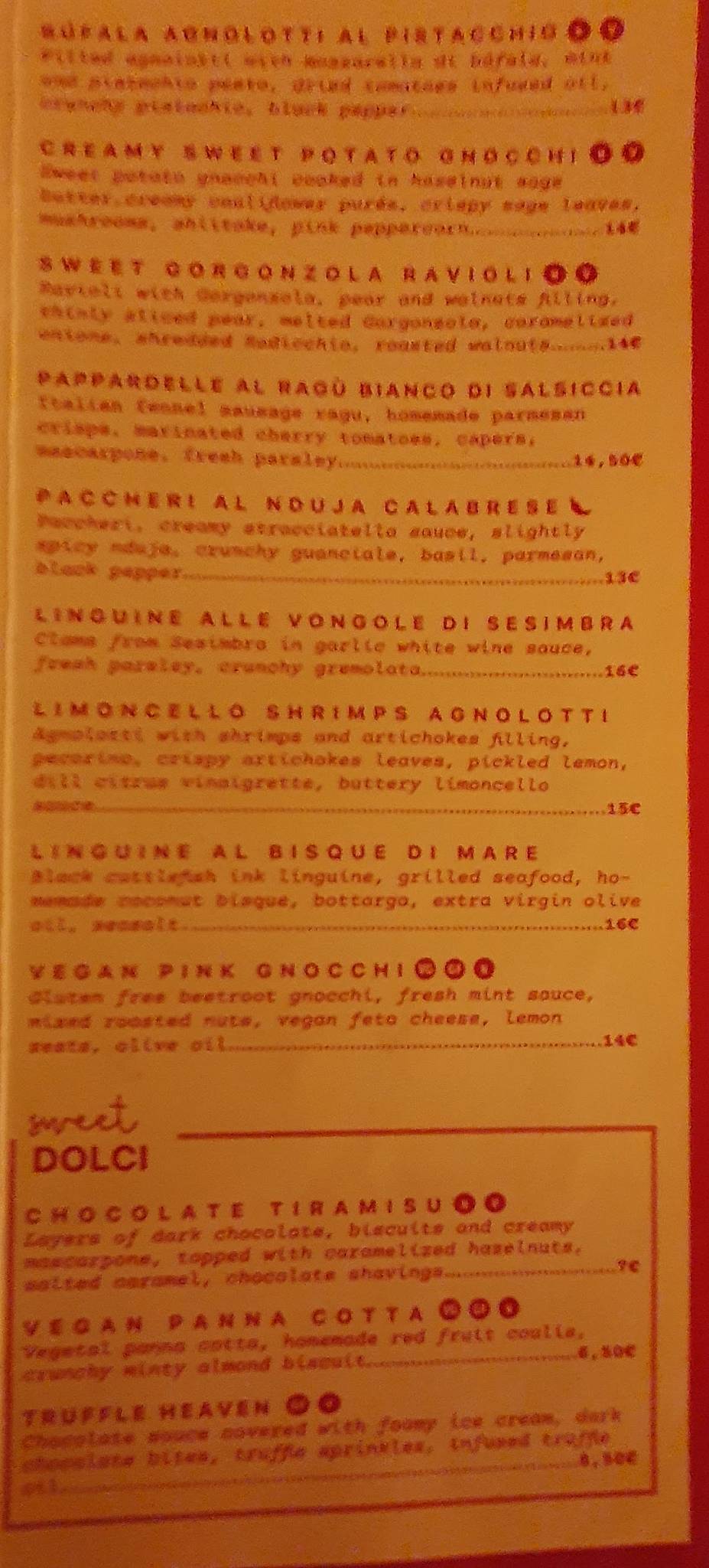 Menu at Leonetta restaurant, Lisbon