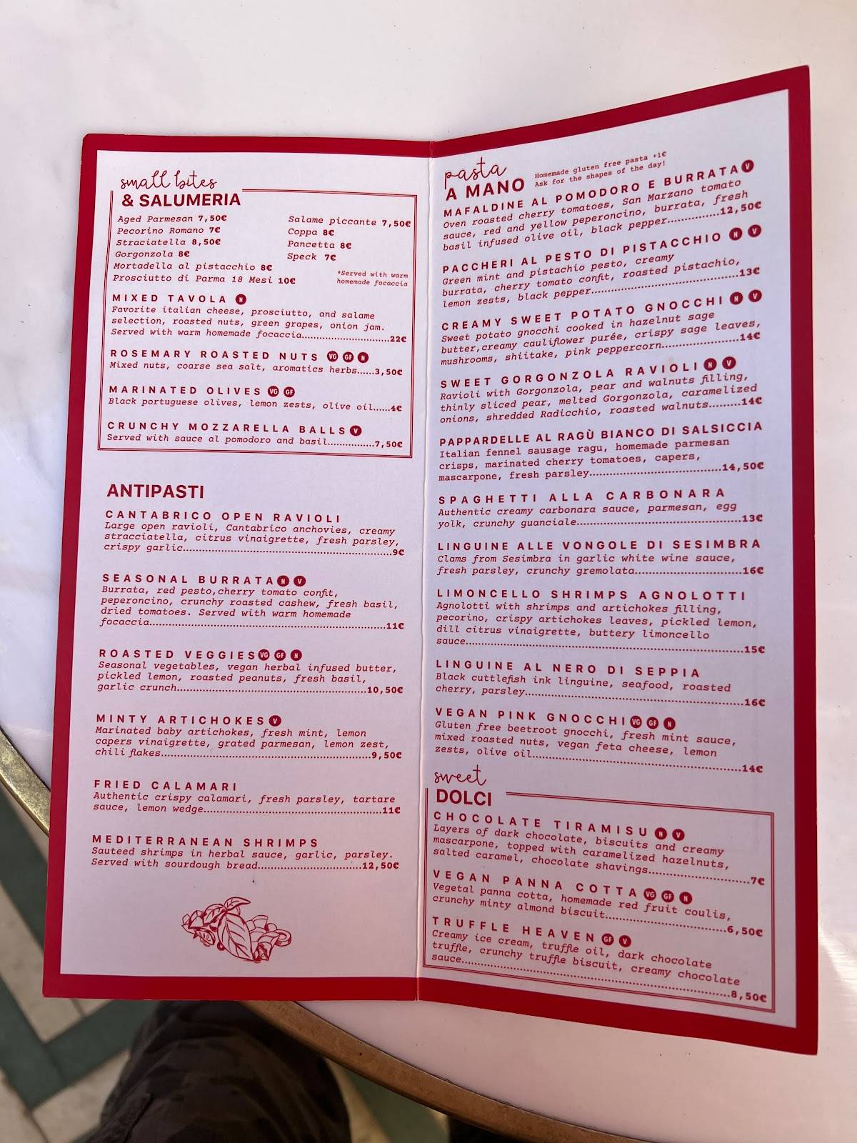 Menu at Leonetta restaurant, Lisbon