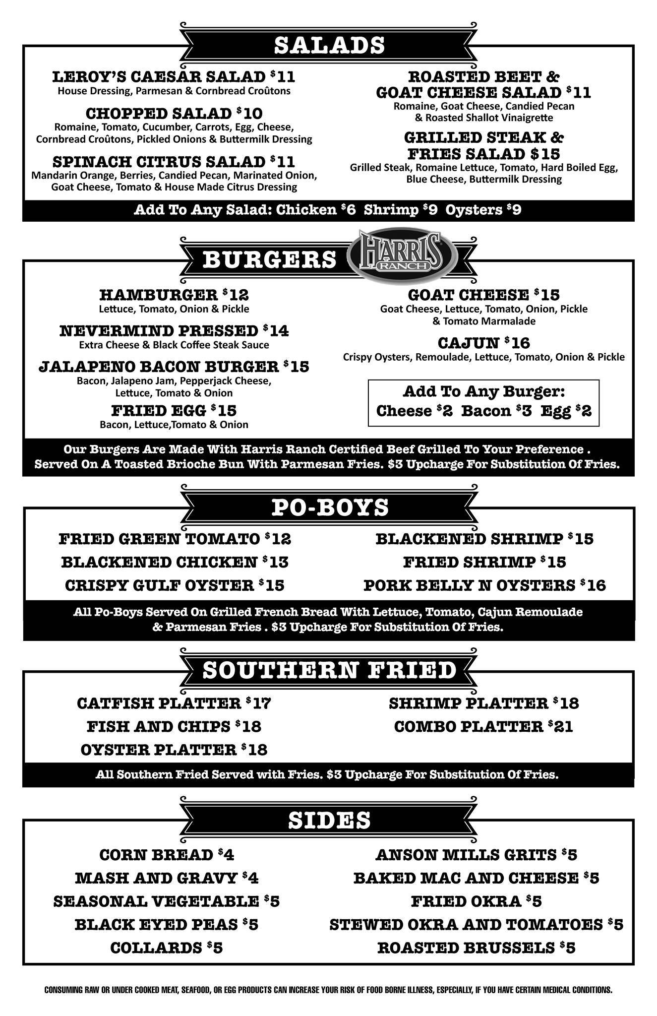 Menu at Leroy's Southern Kitchen & Bar, Punta Gorda