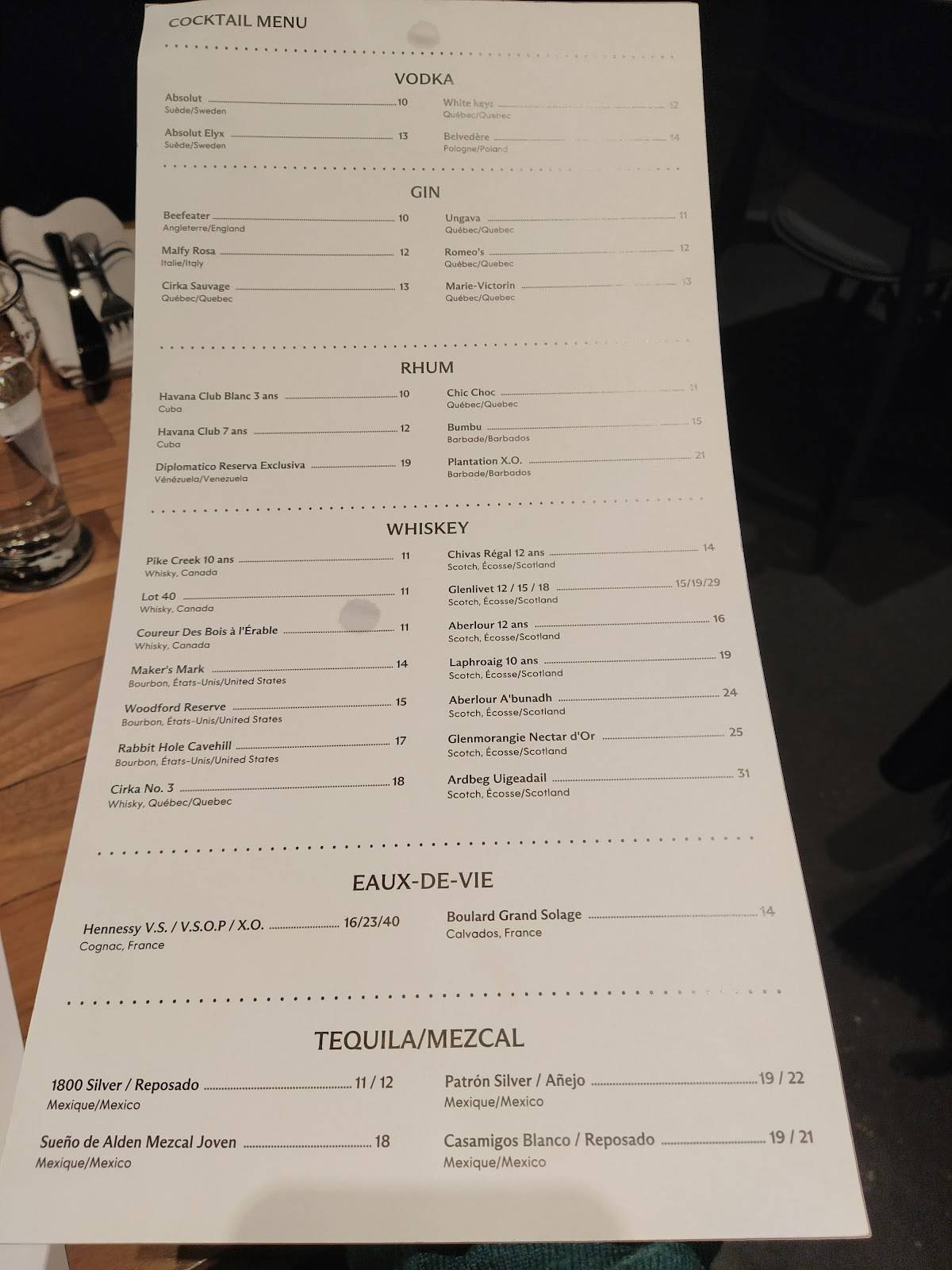 Menu at Les Enfants Terribles — Outremont restaurant, Montréal, Bernard Ave