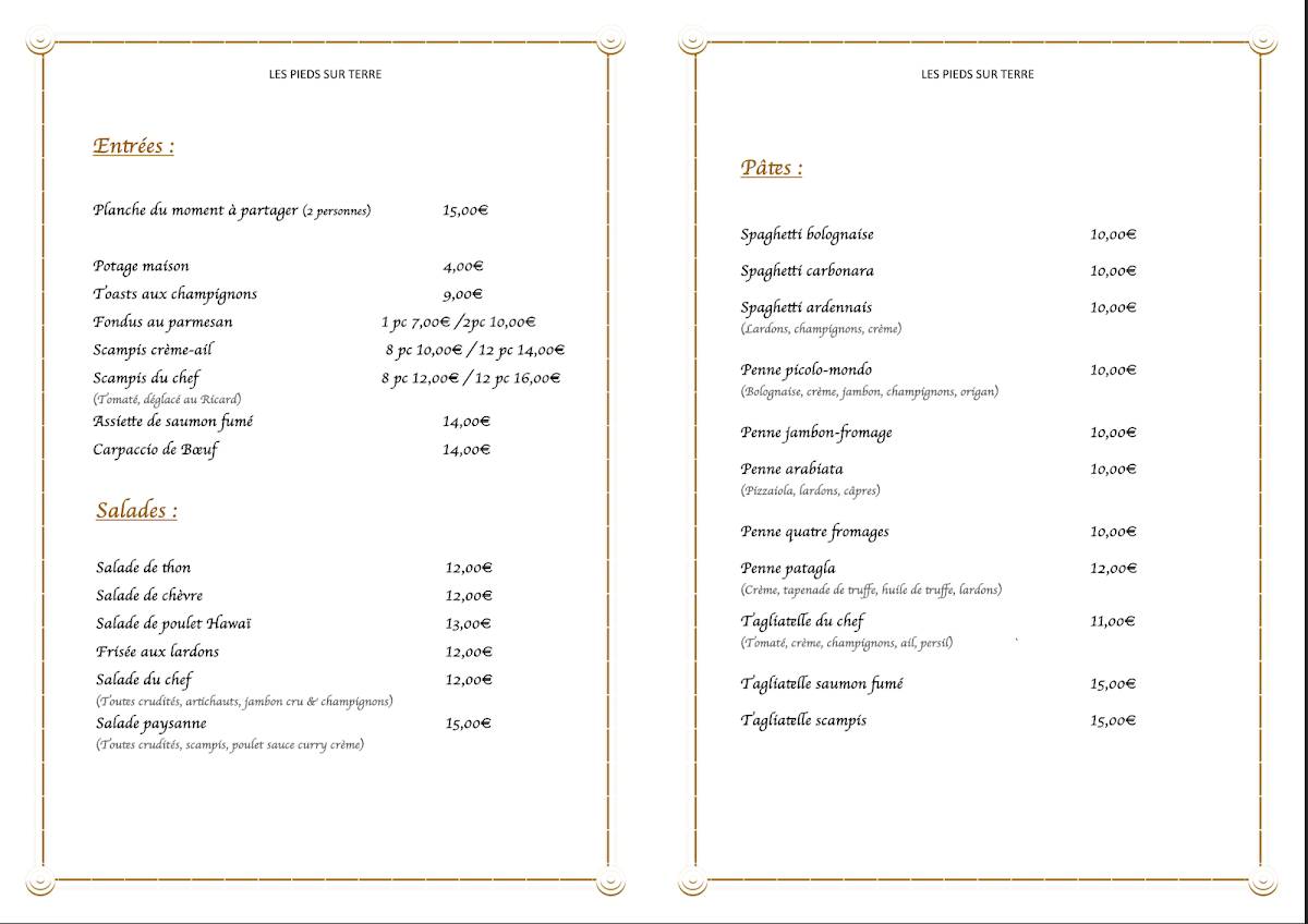 Menu at Les Pieds sur Terre, Ferrieres