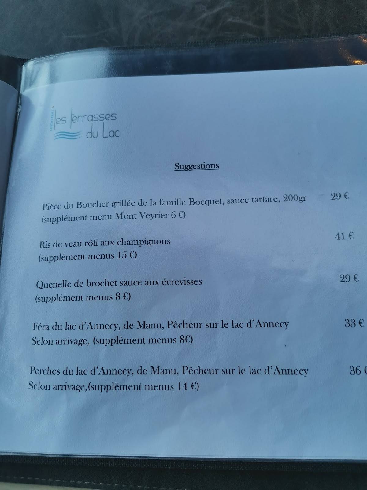 Menu au Les Terrasses du lac restaurant, Annecy
