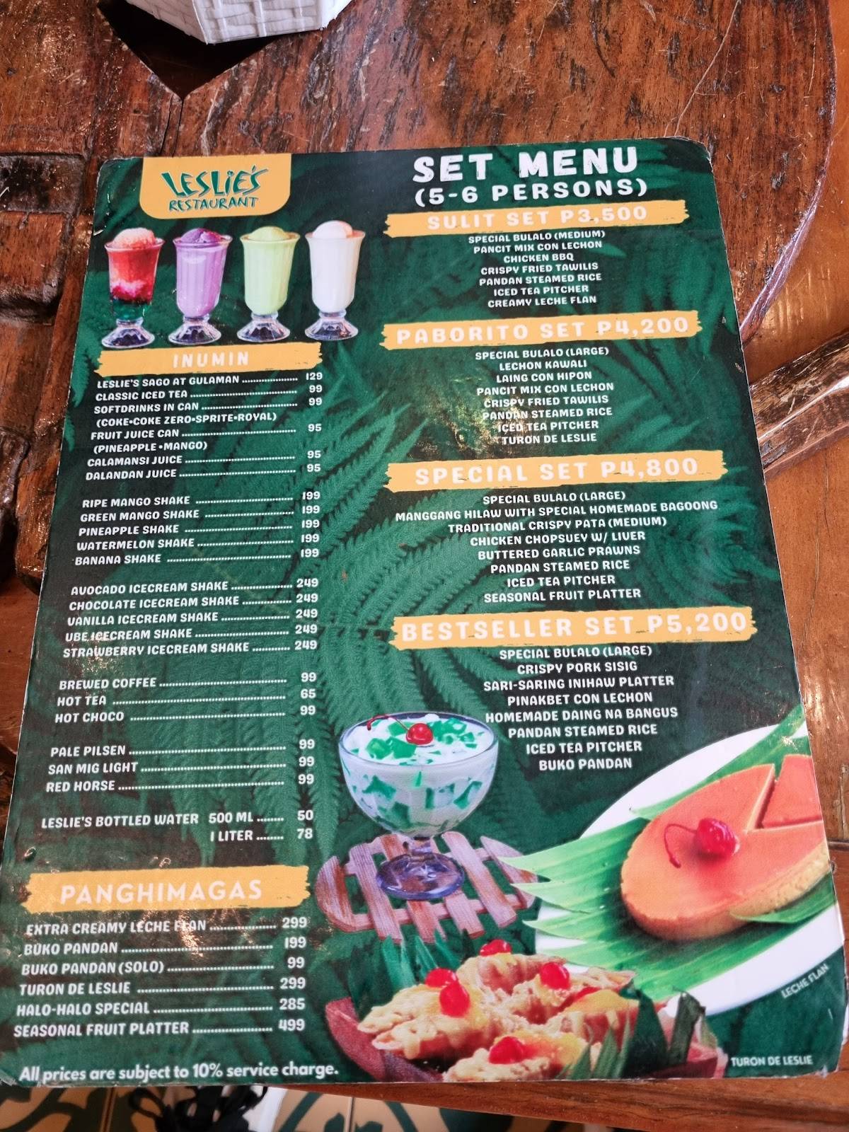 Menu at Leslie's Restaurant, Tagaytay, 4X22+RMG