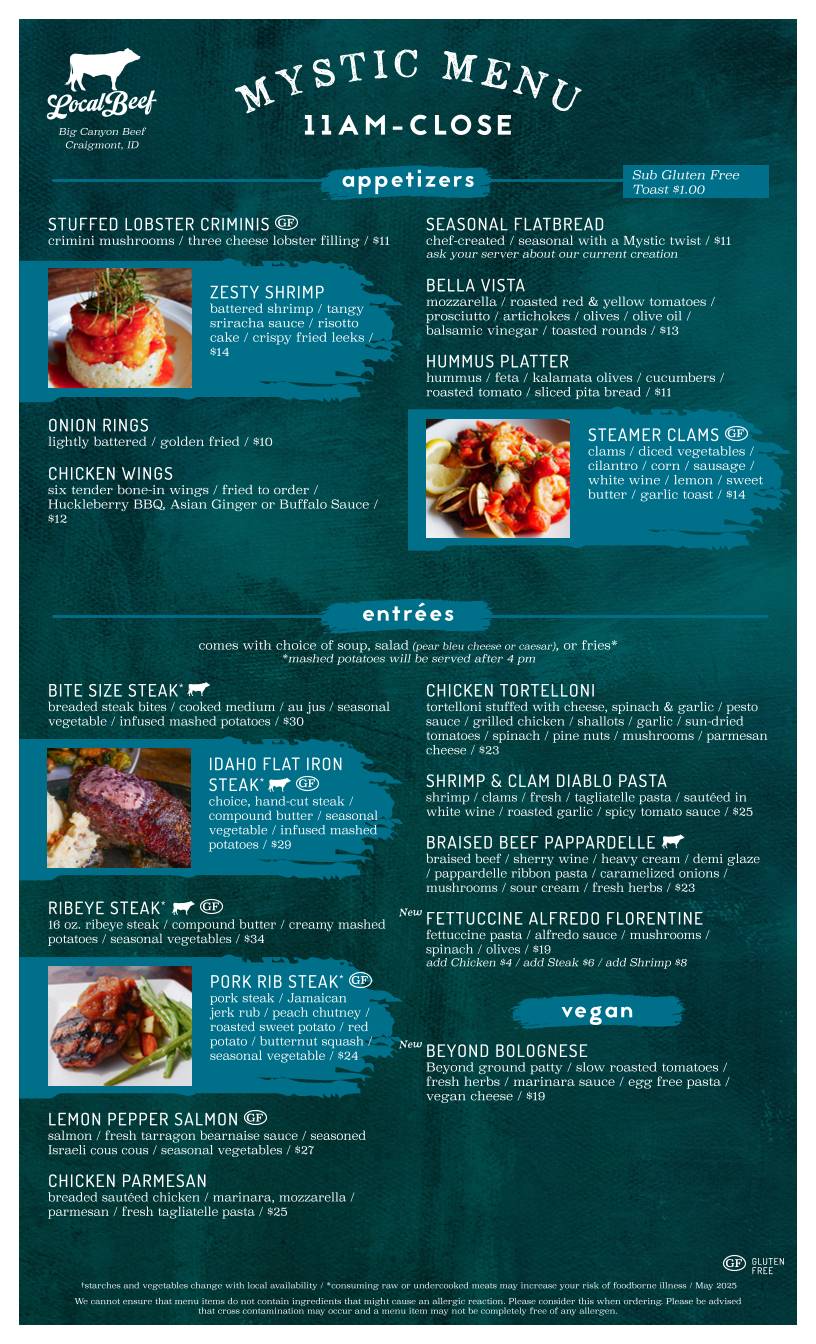 Menu at Mystic Cafe, Lewiston