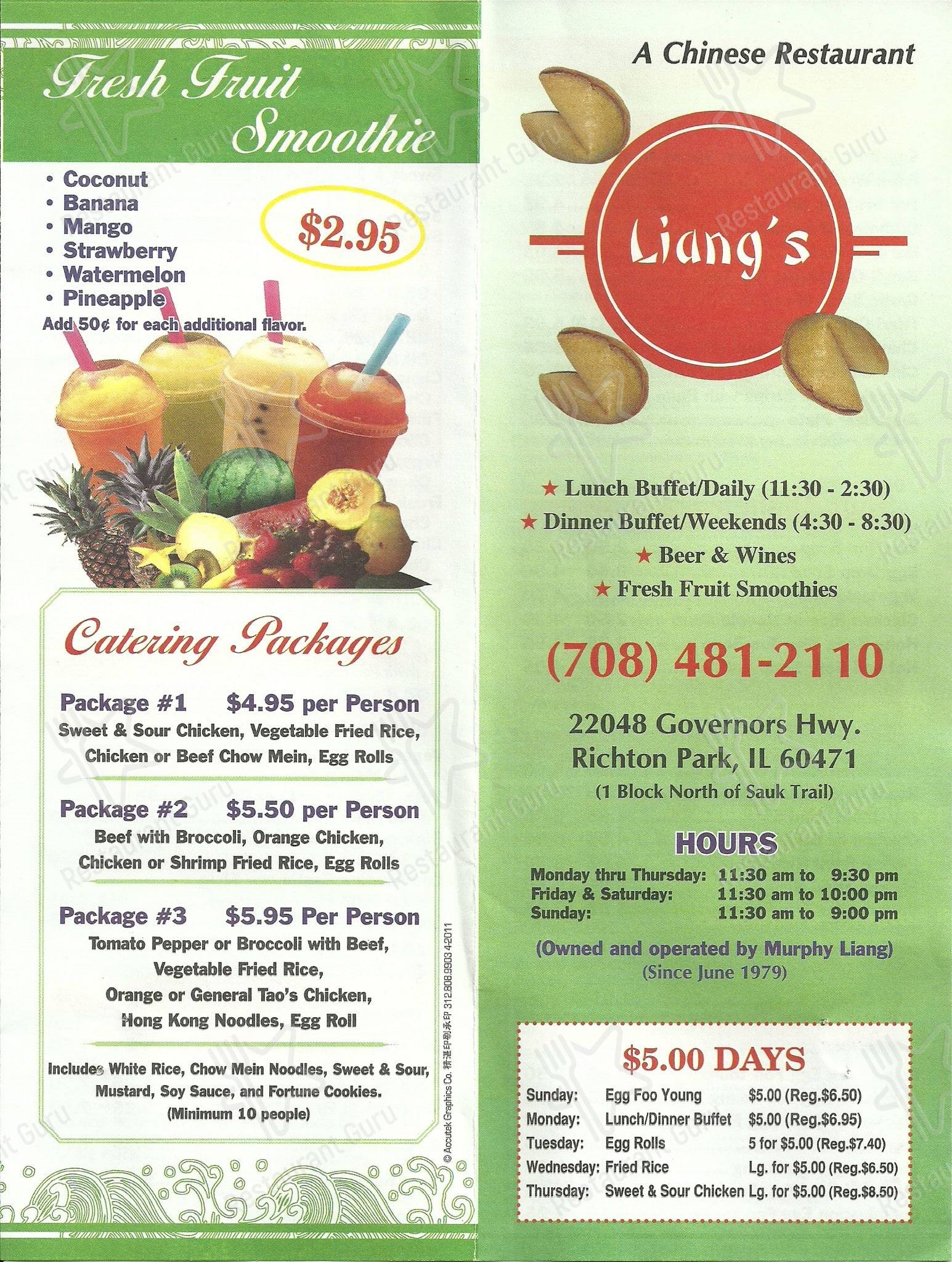 Menu at Liang's Chinese Restaurant, Richton Park