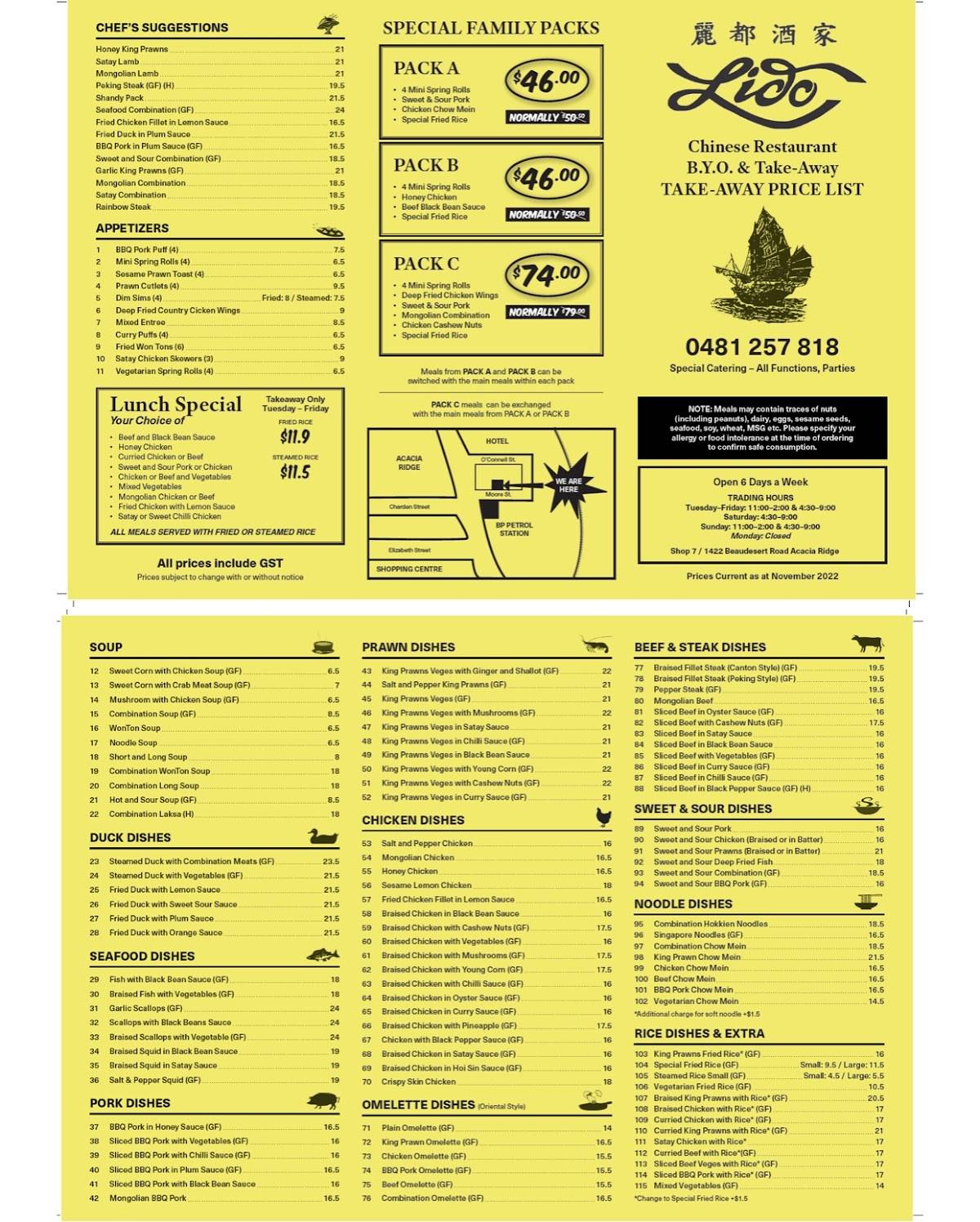 Menu at Lido Chinese Restaurant, Acacia Ridge