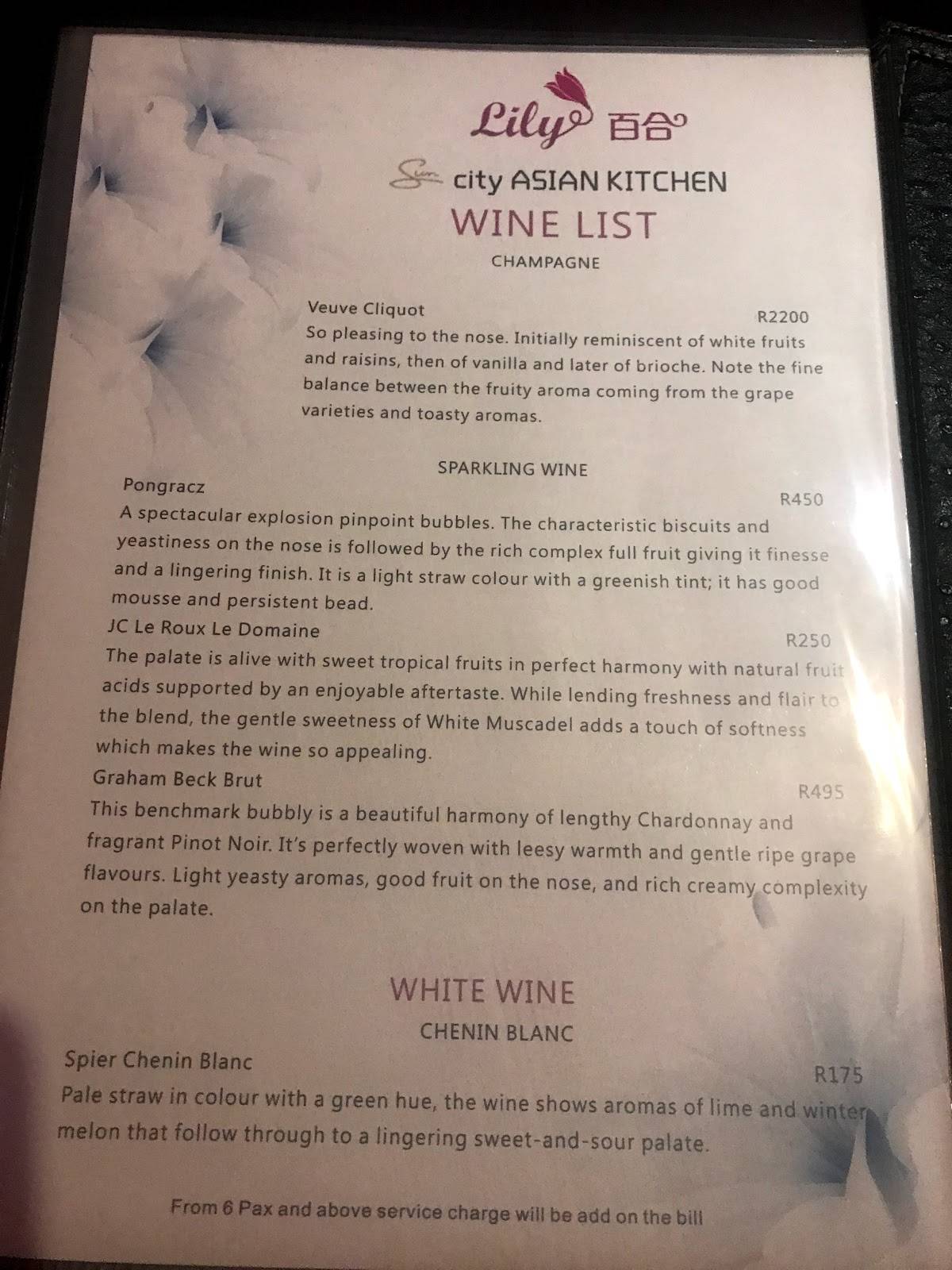 Menu at Lily Asian Kitchen - Soho Hotel, South Africa