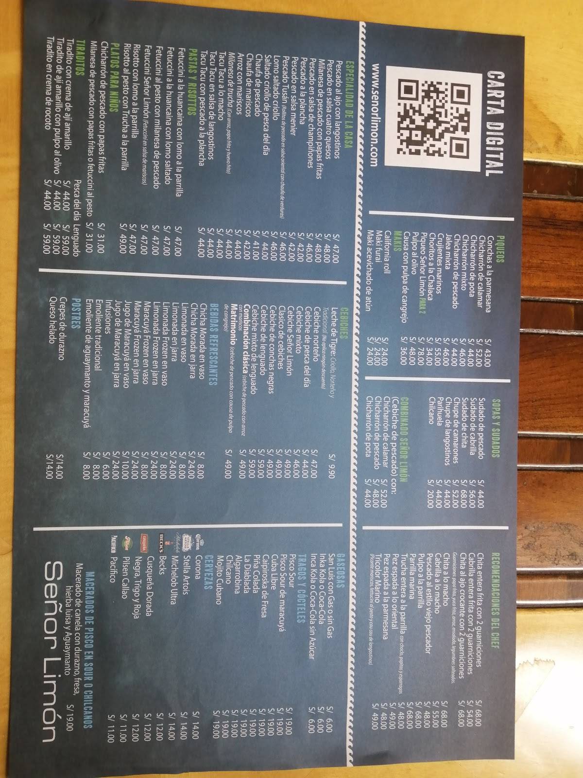 Carta del restaurante Señor Limón, La Molina, Av. Javier Prado Este 5335