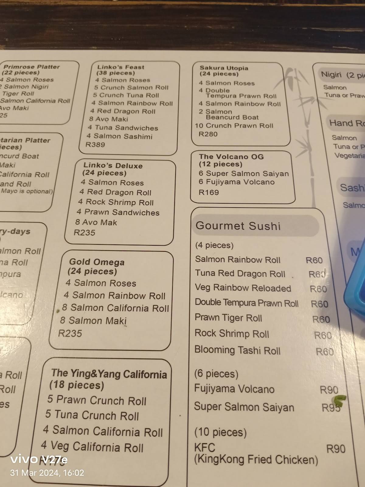 Menu at Linko Restaurant, Cape Town