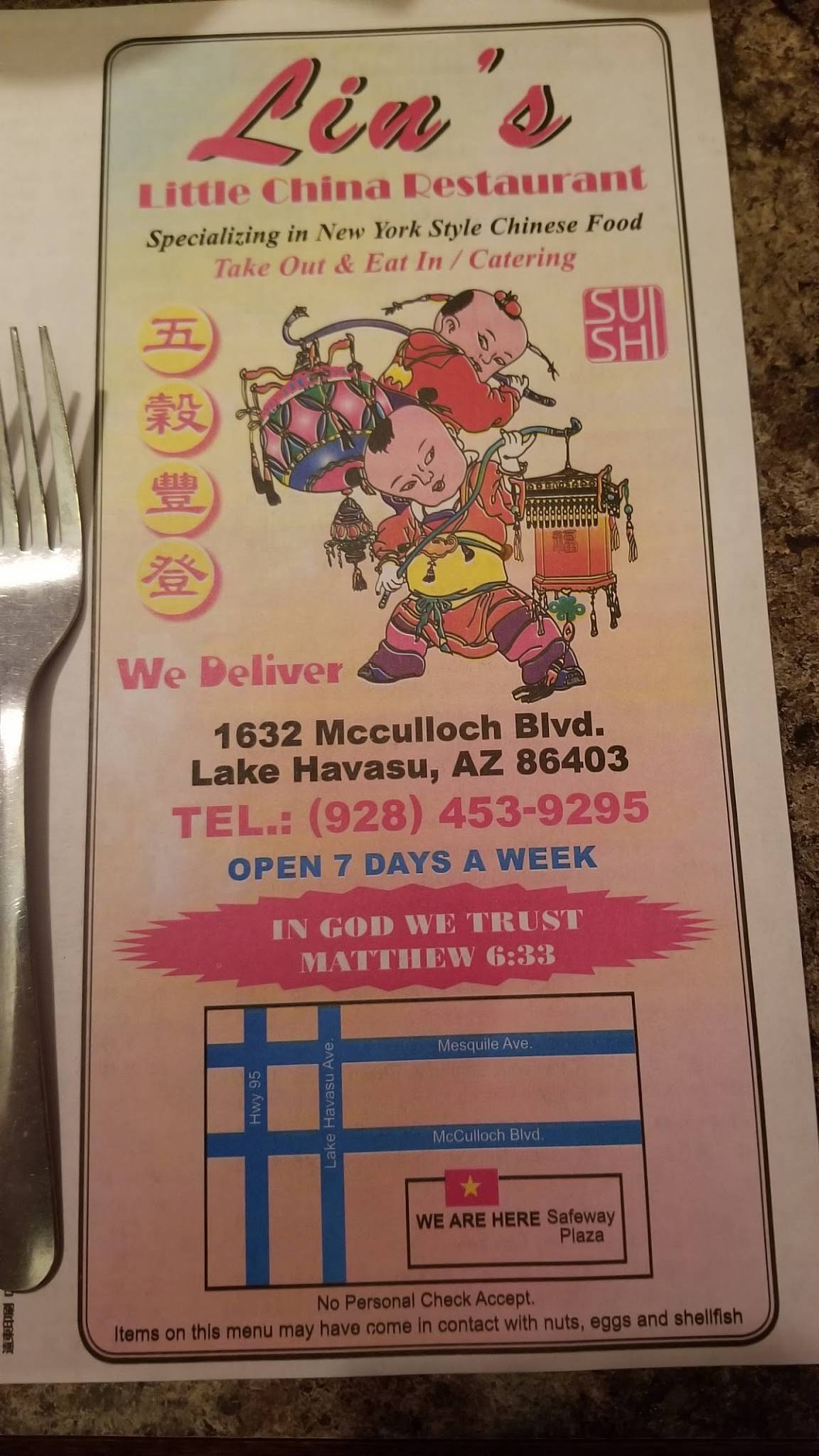 Menu at Lin's Little China restaurant, Lake Havasu City